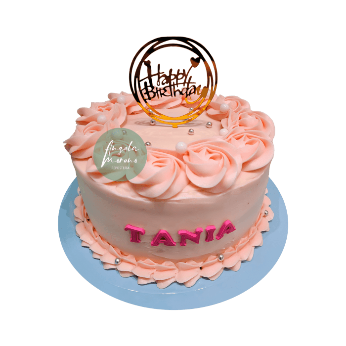 Pastel color salmón, para cumpleaños con topper color dorado