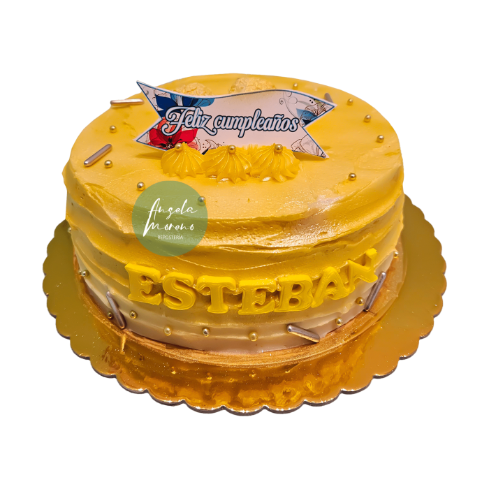 Pastel Amarillo Con Topper Comestible, Feliz Cumpleaños