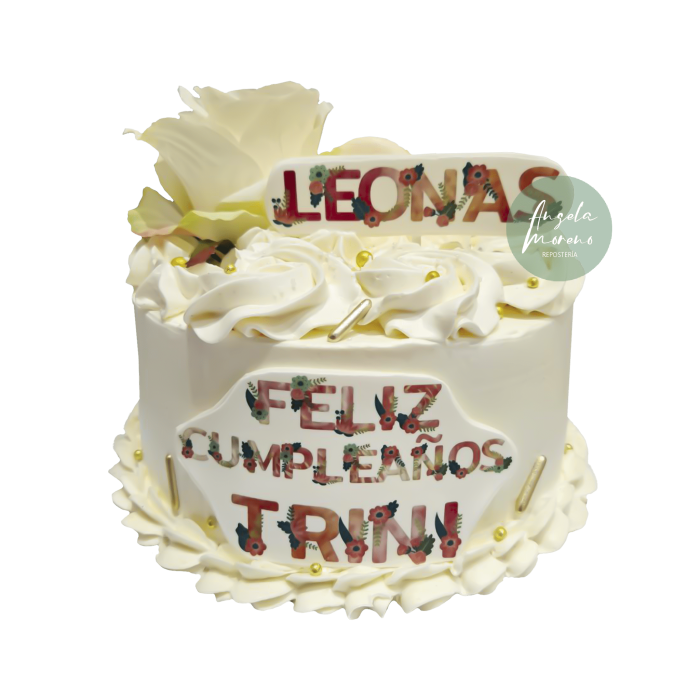 Pastel Blanco Rosa Blanca Y Letras Florales | Angela Moreno Repostería
